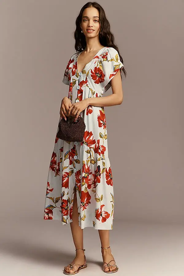 Anthropologie Flutter-sleeve Button-front Midi Dress