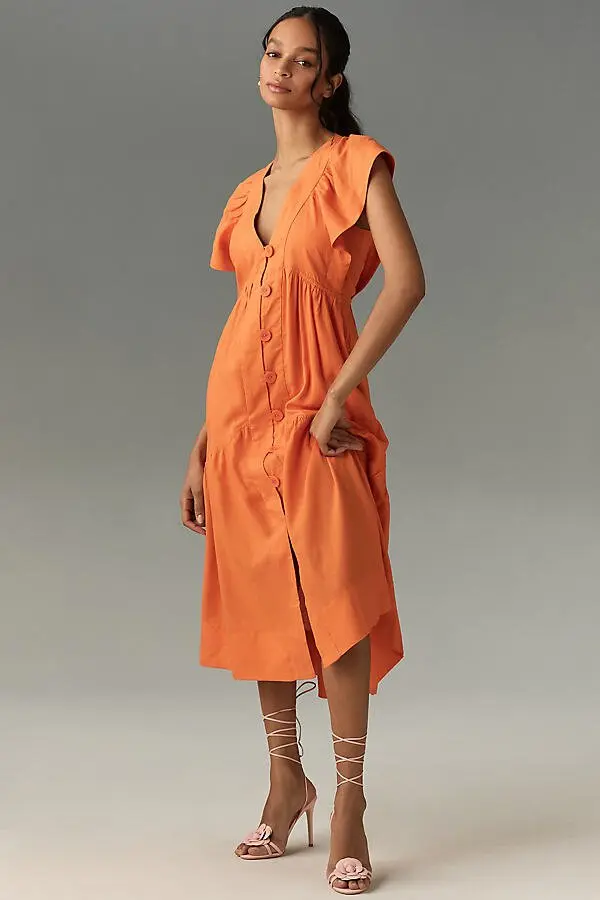 Anthropologie Reneé Flutter-sleeve Linen Button-front Midi Dress - Orange