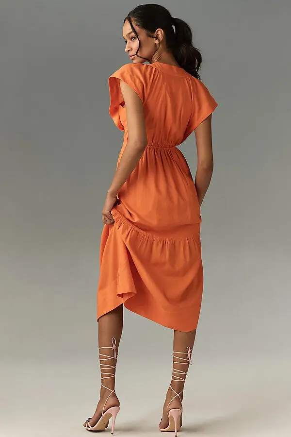 Anthropologie Reneé Flutter-sleeve Linen Button-front Midi Dress - Orange