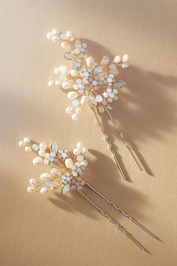 TWIGS & HONEY Baby's Breath Pearl And Crystal Hair Pins Set Of 2 - Ivory