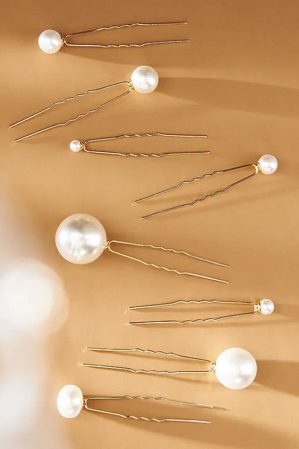 Anthropologie Pearl Hair Pins Set Of 8 - Gold