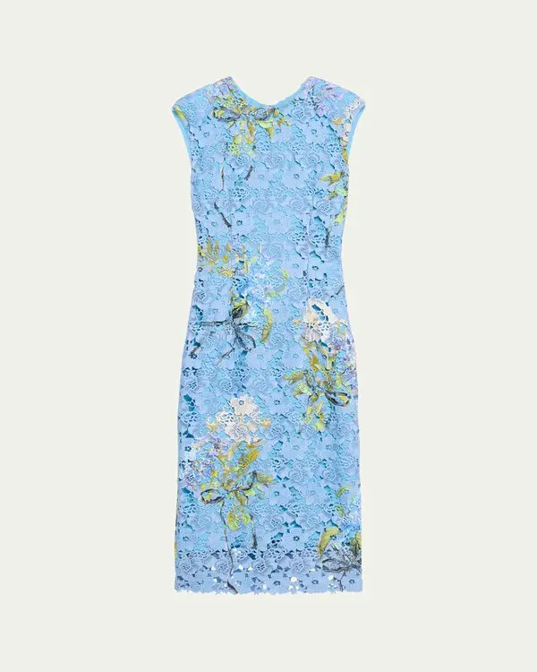 Monique Lhuillier Hydrangea-Print Guipure Lace Sheath Dress Sky