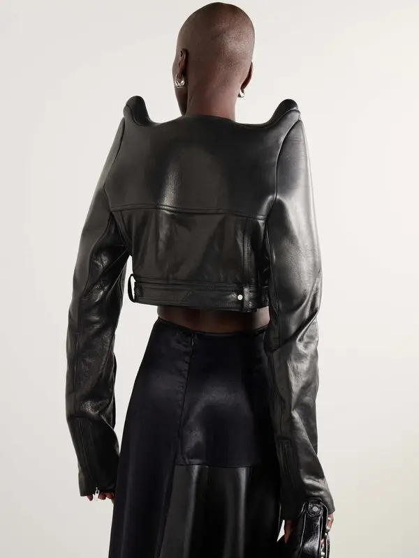 Rick Owens Tec Micro Cropped Belted Leather Biker Jacket In Black