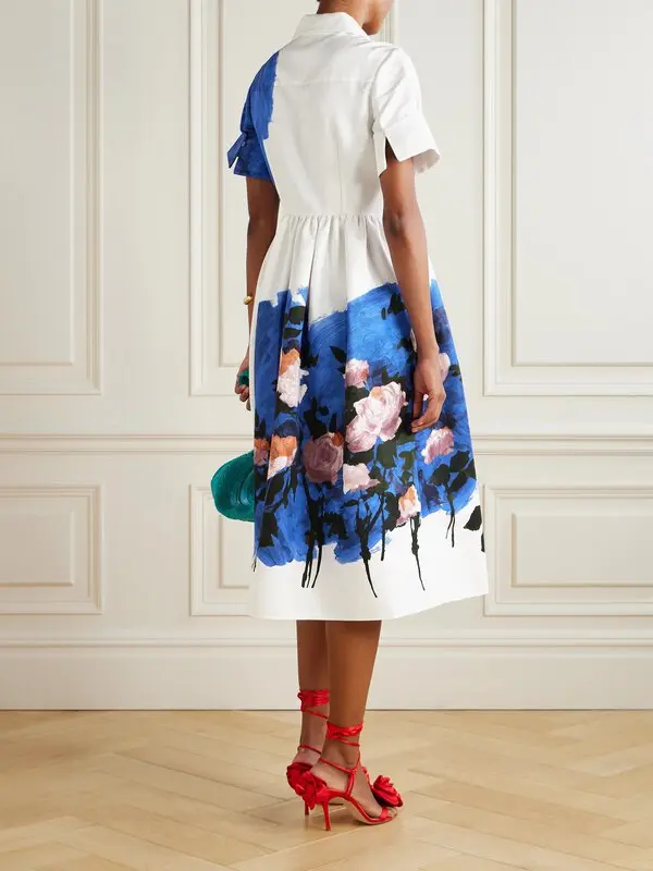 Erdem Gathered Floral-print Cotton-blend Faille Midi Shirt Dress - Blue