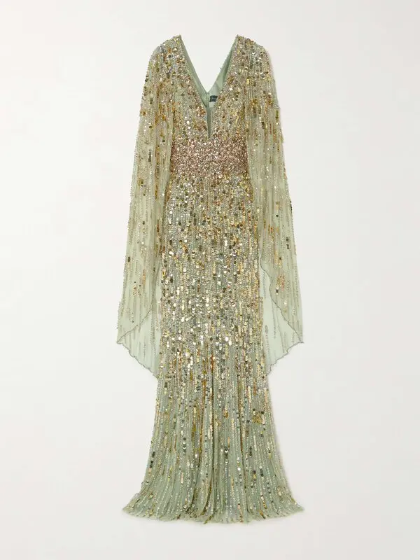 Jenny Packham Honey Pie Cape-Effect Embellished Sequined Tulle Gown - Light  Green | Editorialist