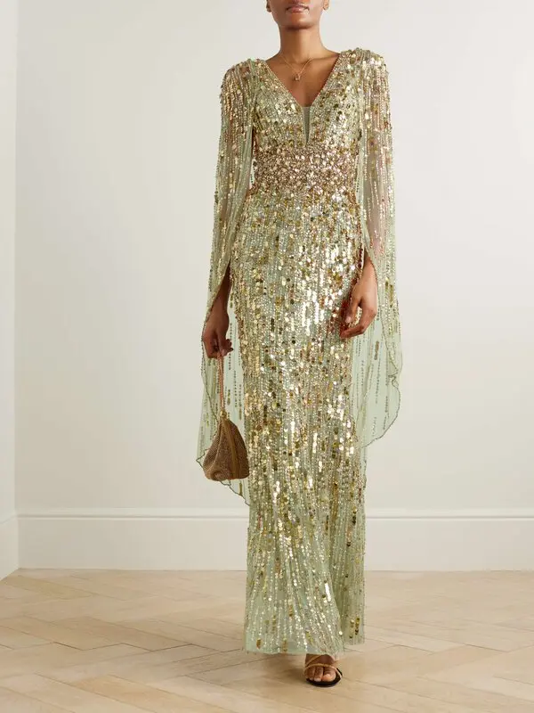 Jenny Packham Honey Pie Cape-effect Embellished Sequined Tulle Gown