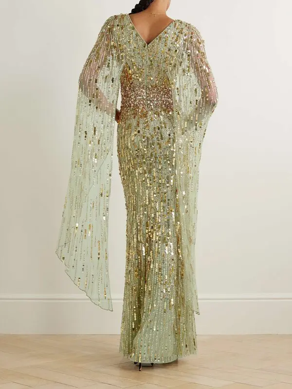 Jenny Packham Honey Pie Cape-effect Embellished Sequined Tulle Gown