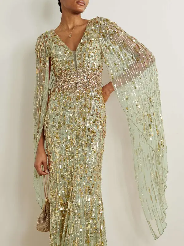 Jenny Packham Honey Pie Cape-effect Embellished Sequined Tulle Gown