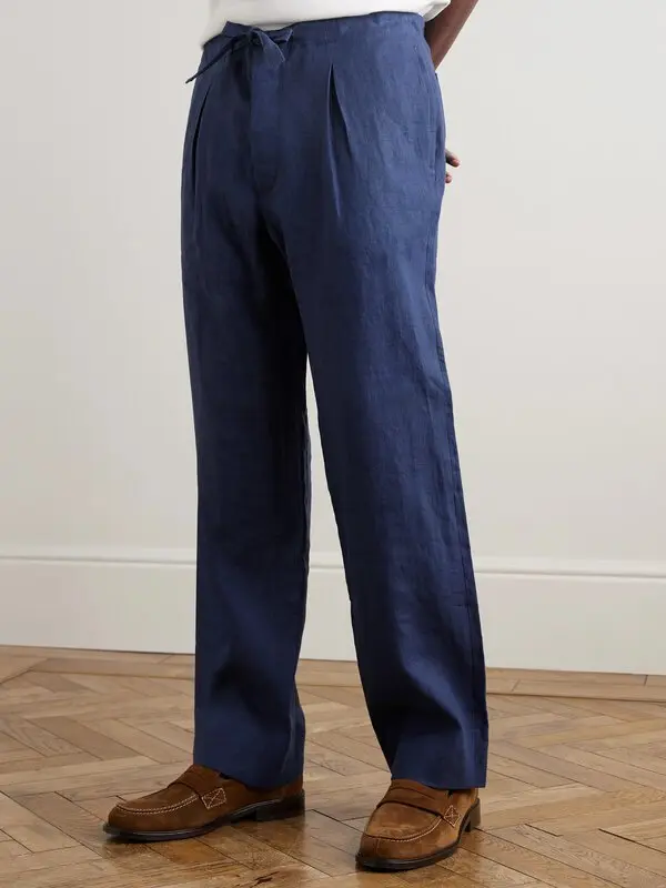 STOFFA Straight-leg Linen-twill Drawstring Trousers - Blue