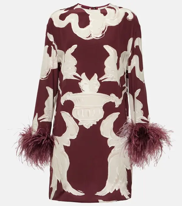 Valentino Garavani Printed Feather-trimmed Silk Minidress - Burgundy