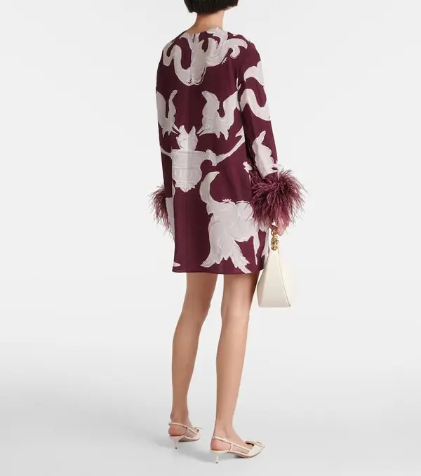 Valentino Garavani Printed Feather-trimmed Silk Minidress - Burgundy