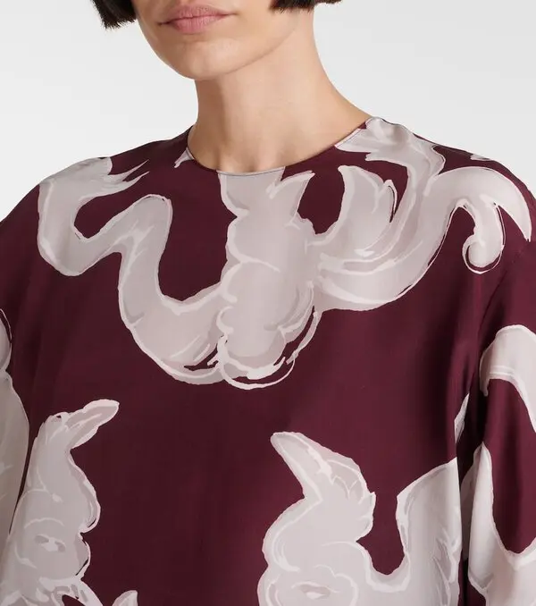 Valentino Garavani Printed Feather-trimmed Silk Minidress - Burgundy