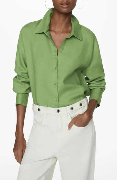 Mango Button-up Linen Shirt - Green