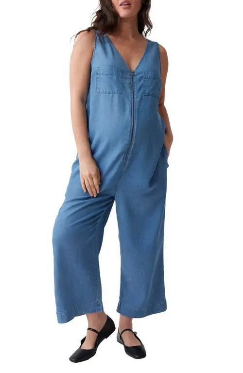 INGRID & ISABEL® Zip Chambray Maternity Jumpsuit - Medium Wash Chambray