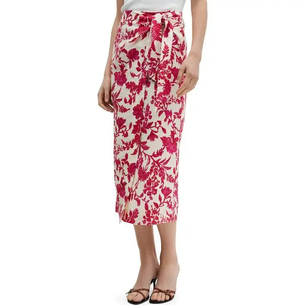 Mango Floral Print Wrap Midi Skirt - Coral Red