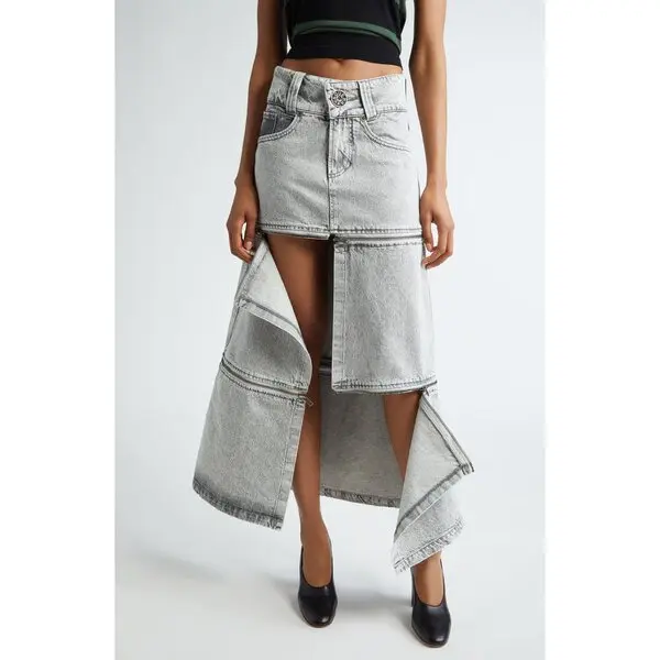 Vaquera Zip-off Tiered Denim Maxi Skirt