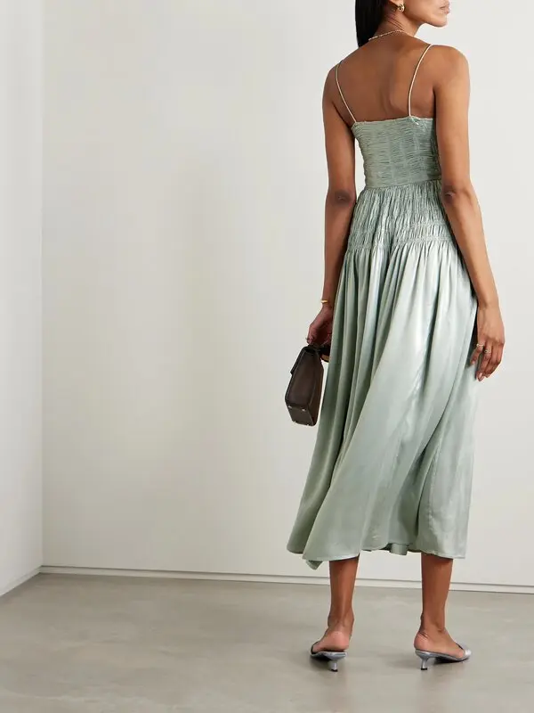 DEn Ambrosia Bow-Detailed Shirred Silk-Satin Midi Dress In Green - 60% Off  | Editorialist