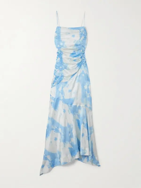 GANNI Ruched Asymmetric Printed Recycled-satin Midi Dress
