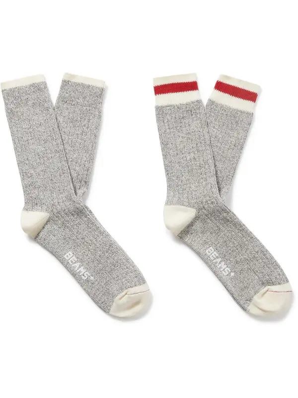BEAMS Pack Of Two Striped Ribbed Cotton-blend Socks - Gray