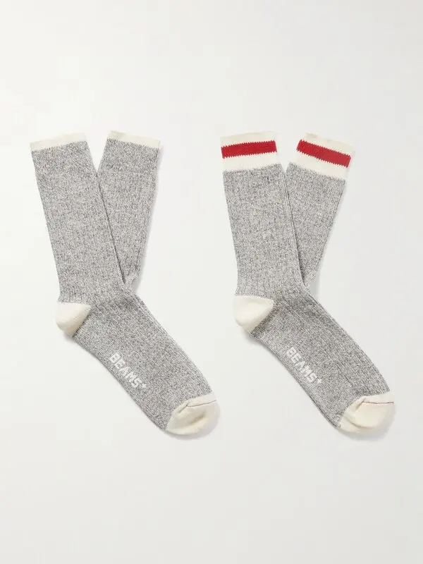 BEAMS Pack Of Two Striped Ribbed Cotton-blend Socks - Gray