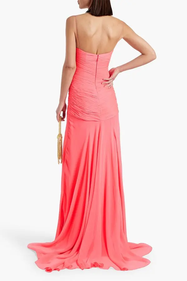 Monique Lhuilier Ruched Silk-Chiffon Gown In Coral - 85% Off | Editorialist