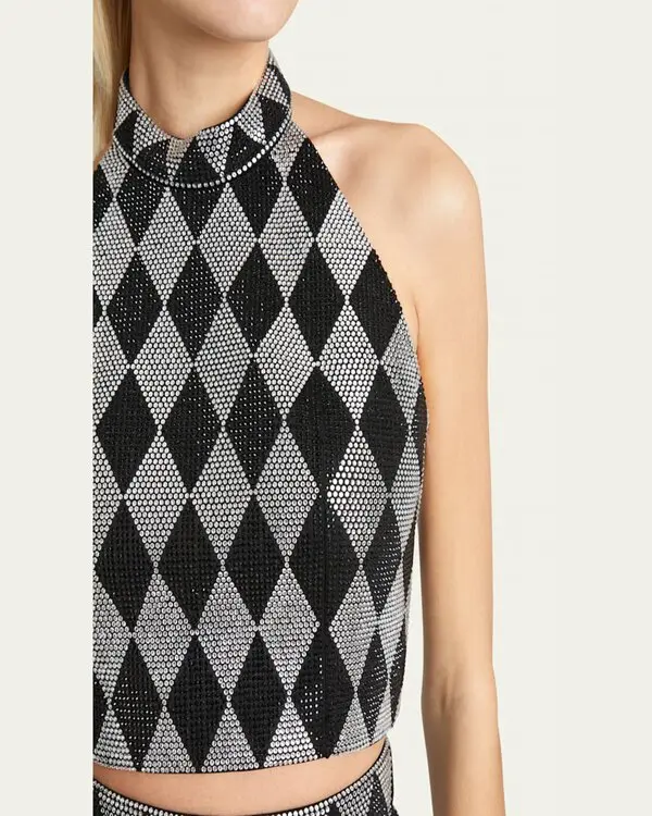 Balmain Diamond Print Crystal Embellished Halter Top