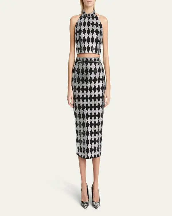 Balmain Diamond Print Crystal Embellished Halter Top