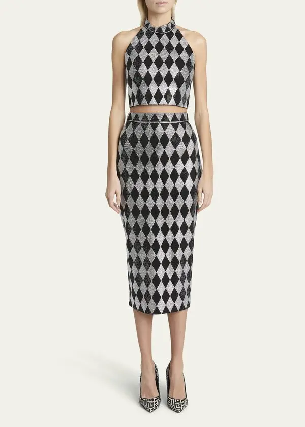 Balmain Diamond Print Crystal Embellished Halter Top