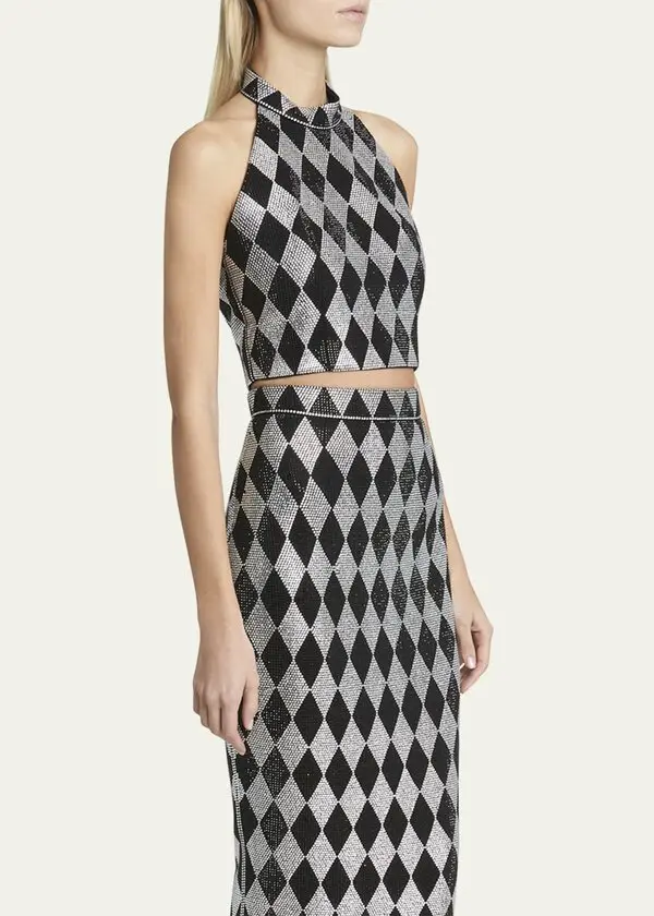 Balmain Diamond Print Crystal Embellished Halter Top