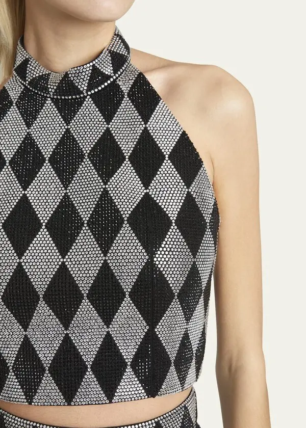 Balmain Diamond Print Crystal Embellished Halter Top