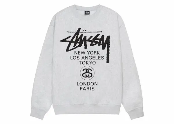 StÜssy World Tour Crewneck Sweatshirt - Ash Heather