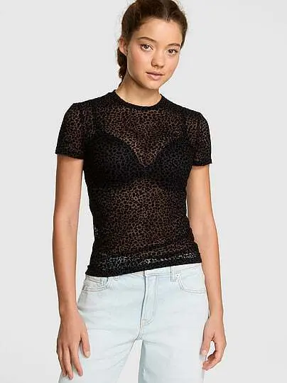 Pink Base Leopard Mesh Short-sleeve Tee - Print