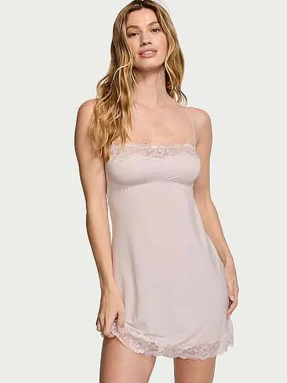 Victoria's Secret Modal Soft & Lace Trim Straight-neck Slip Dress - Grey