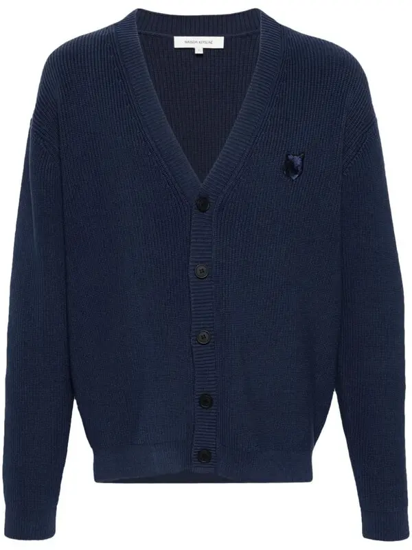 Maison Kitsuné Fox Head-patch V-neck Cardigan - Blue