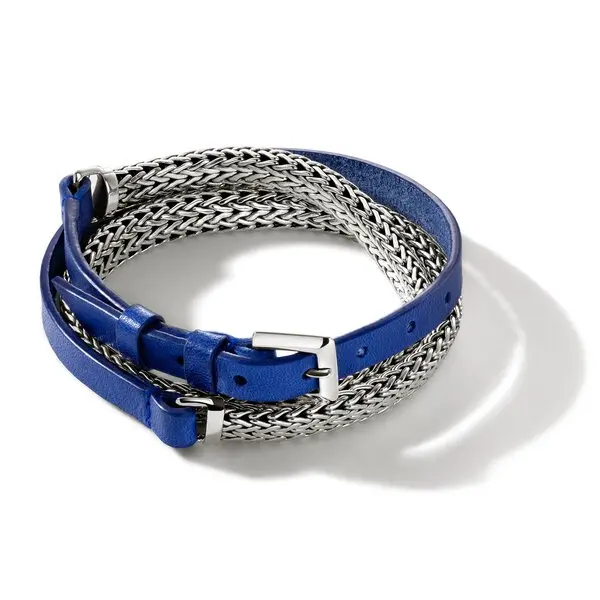 John Hardy Icon Wrap Bracelet In Sterling Silver And Leather - Blue
