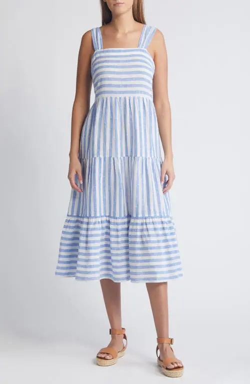 Beachlunchlounge Lina Stripe Linen & Cotton Tiered Midi Sundress - Capri  Blue | Editorialist