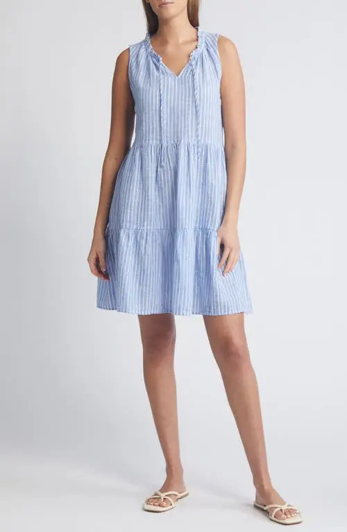 Beachlunchlounge Belle Stripe Tiered Linen & Cotton Dress - Provence Blue |  Editorialist