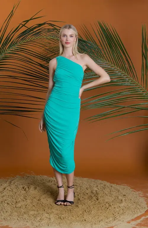 Maggy London Ruched One-Shoulder Sheath Midi Dress In Billiard - 30% Off |  Editorialist