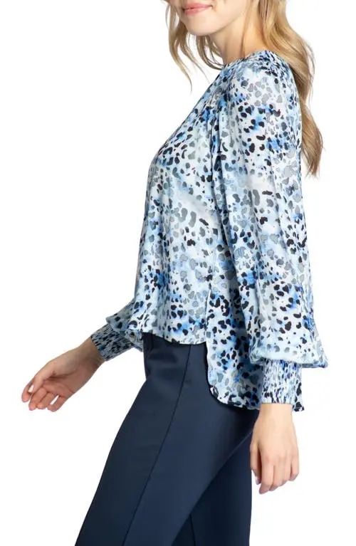 APNY Leopard Print Gathered Neck Chiffon Blouse - Blue Multi