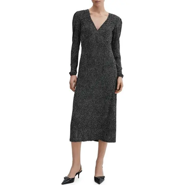 Mango Dot Split Neck Long Sleeve Midi Dress - Black