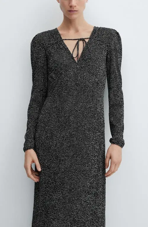 Mango Dot Split Neck Long Sleeve Midi Dress - Black