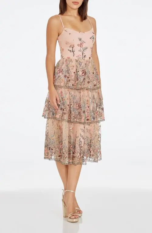 Dress The Population Loretta Floral Embroidery Midi Dress Blush