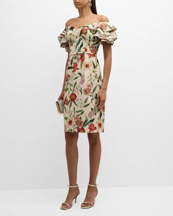 Rickie Freeman For Teri Jon Floral-Print Off-Shoulder Cotton Dress In Beige  Multi - 75% Off | Editorialist