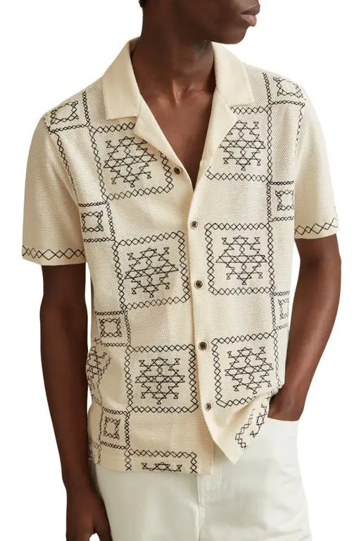 REISS Cosmos Embroidered Short Sleeve Cotton Button-up Shirt