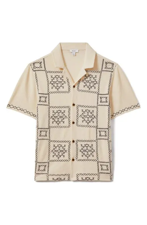 REISS Cosmos Embroidered Short Sleeve Cotton Button-up Shirt