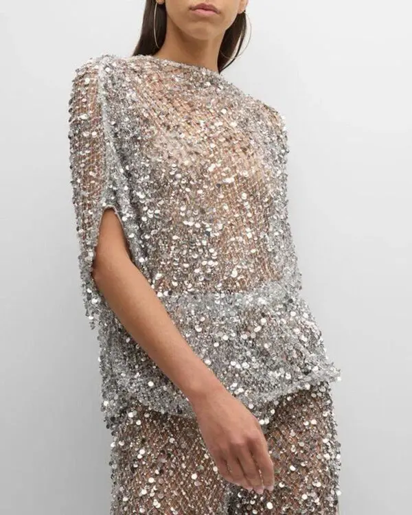 Lapointe Sequined Net Mesh Cape T-shirt - Silver