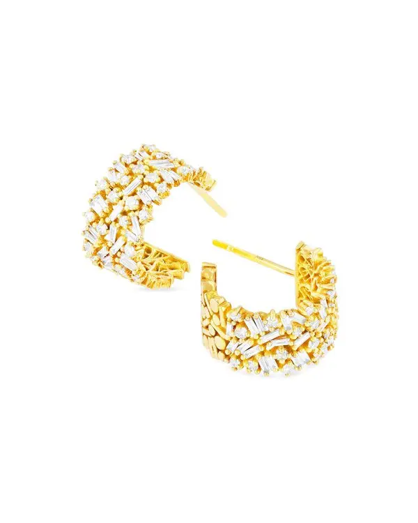 SUZANNE KALAN 18k White Gold Diamond Huggie Hoop Earrings - Yellow Gold