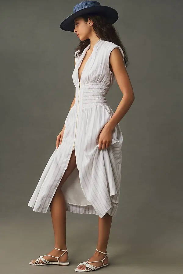 Anthropologie The Tommie Cap-Sleeve Smocked Front-Zip Shirt Dress: Len  Edition In White - 27% Off | Editorialist