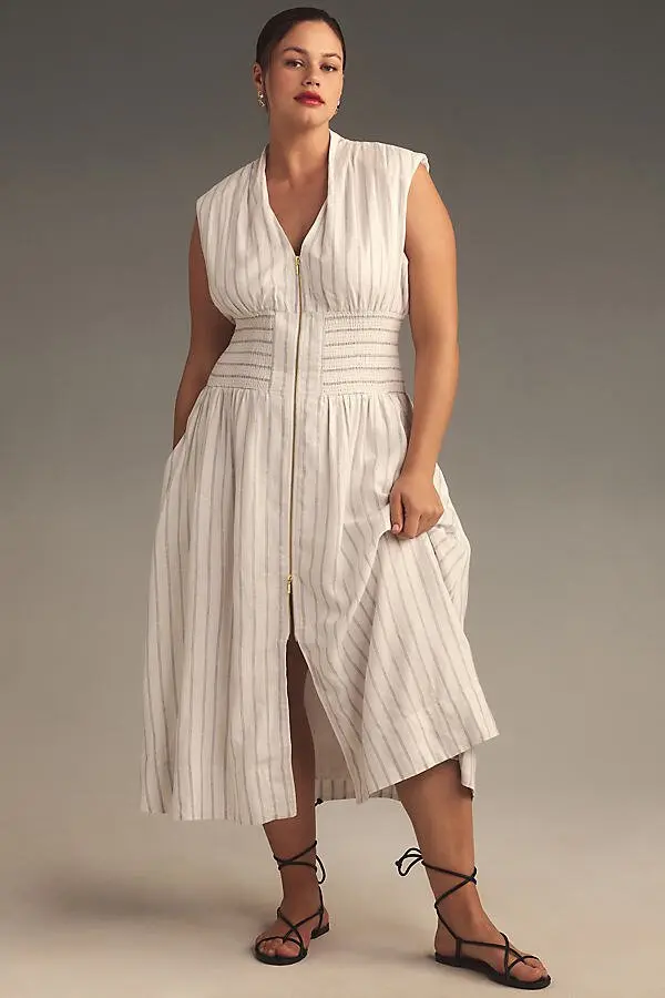 the tommie cap-sleeve smocked front-zip shirt dress The Tommie Cap-Sleeve Smocked Front-Zip Shirt Dres