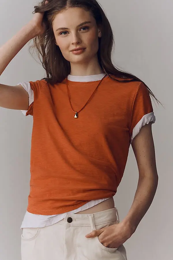 PILCRO The Bennie Cotton Slub Slim Tee - Spicy Orange